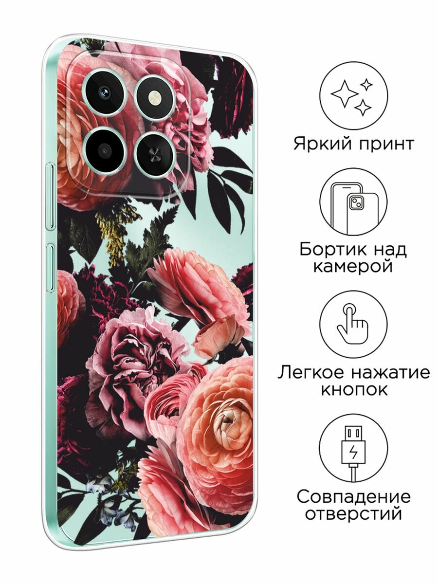 Чехол на Honor X6c / Хонор X6c с принтом "Бордовые винтажные цветы", прозрачный — фото 1