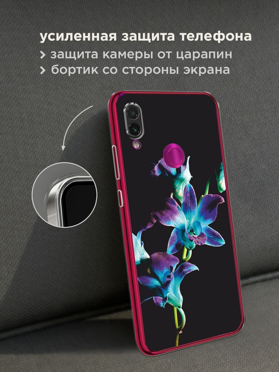 Чехол на Xiaomi Redmi Note 7 / Сяоми Редми Нот 7 с принтом "Синий цветок на черном" — фото 1