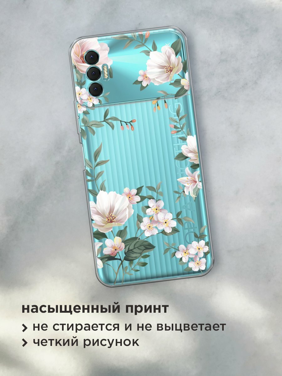 Чехол на Tecno Spark 8P / Техно Спарк 8P с принтом "Beautiful white flowers", прозрачный — фото 1