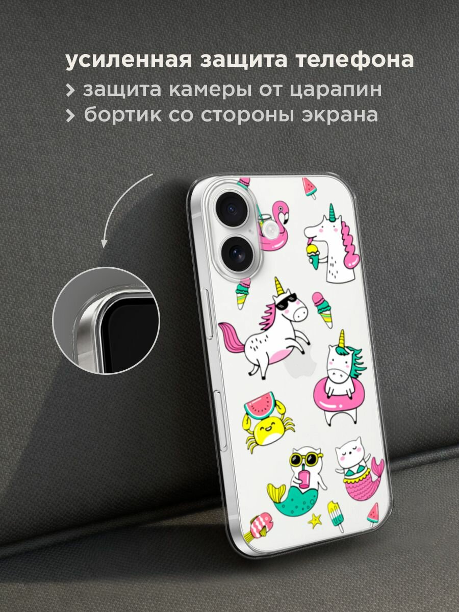 Чехол на Apple iPhone 17 / Айфон 17 с принтом "Единороги в отпуске", прозрачный — фото 1