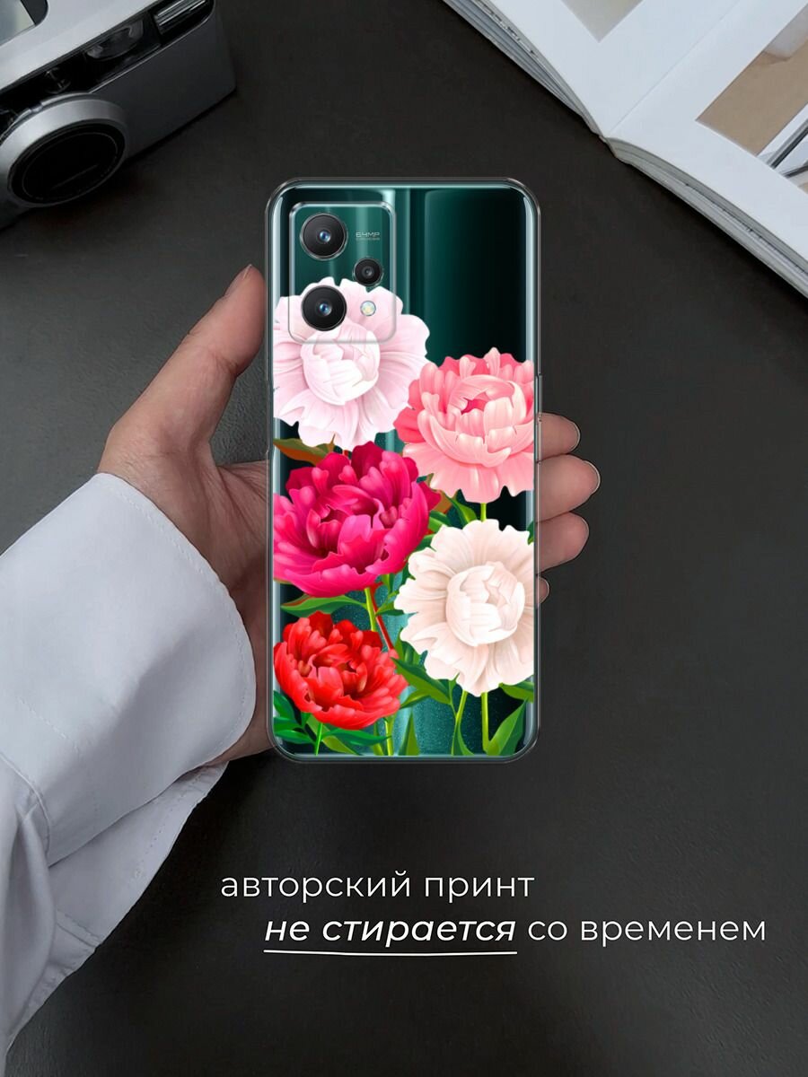 Чехол на Realme 9 5G / Реалми 9 5G с принтом "Большие пионы", прозрачный — фото 1