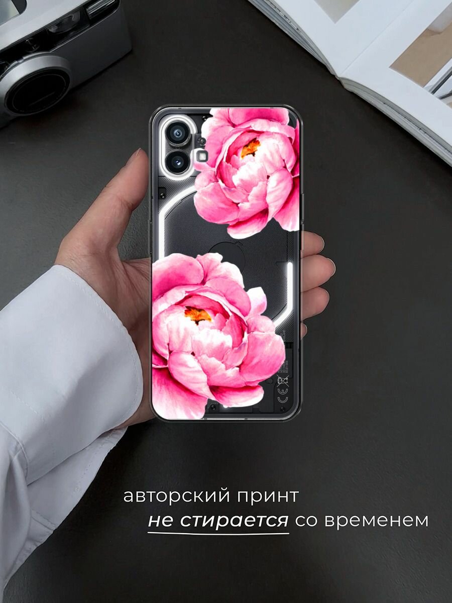 Чехол на Nothing Phone 1 / Нафинг Фон 1 с принтом "Open peonies", прозрачный — фото 1