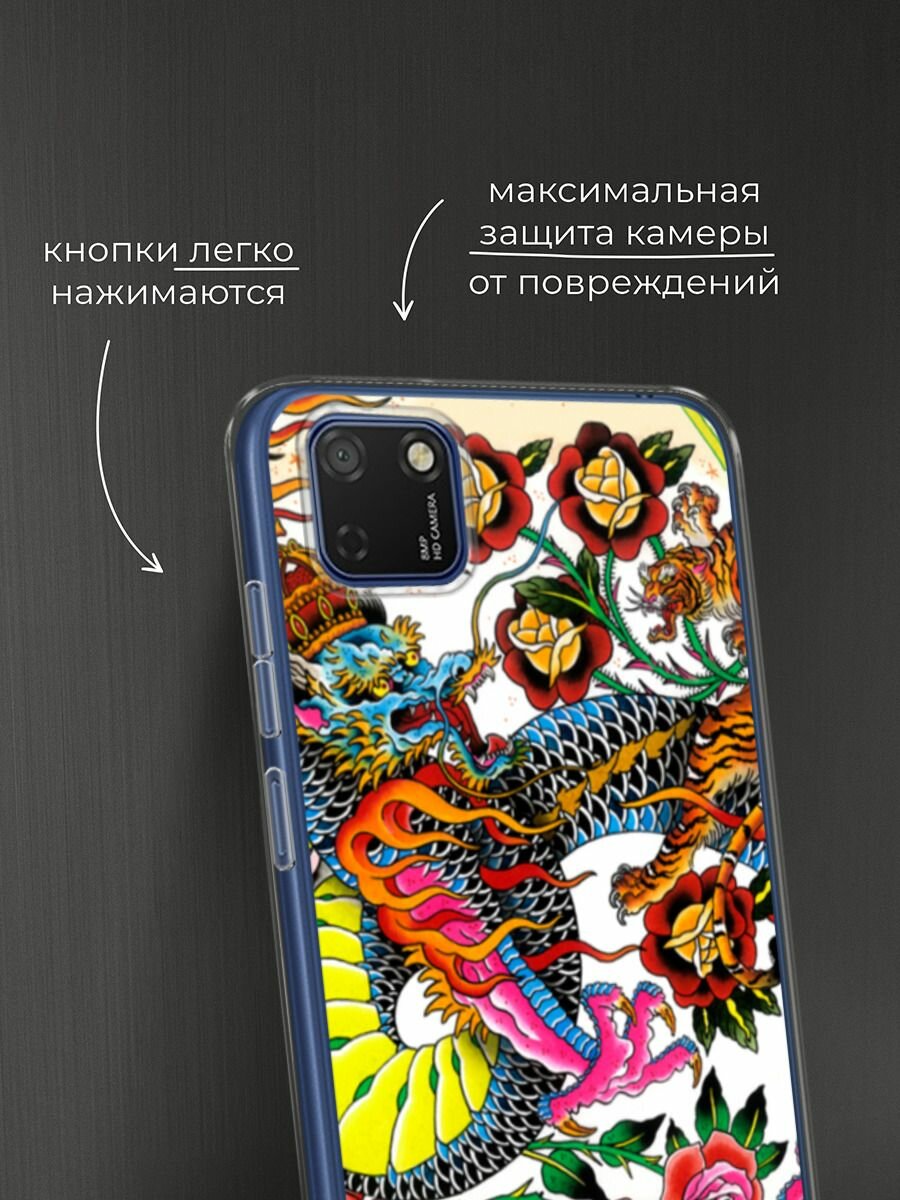 Чехол на Honor 9S/Huawei Y5p / Хонор 9S/Хуавей Y5p с принтом "Дракон в цветах" — фото 1