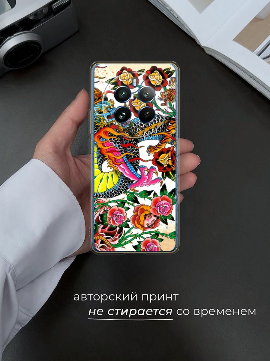Чехол на Realme 12 Pro / Реалми 12 Про с принтом "Дракон в цветах" — фото 1
