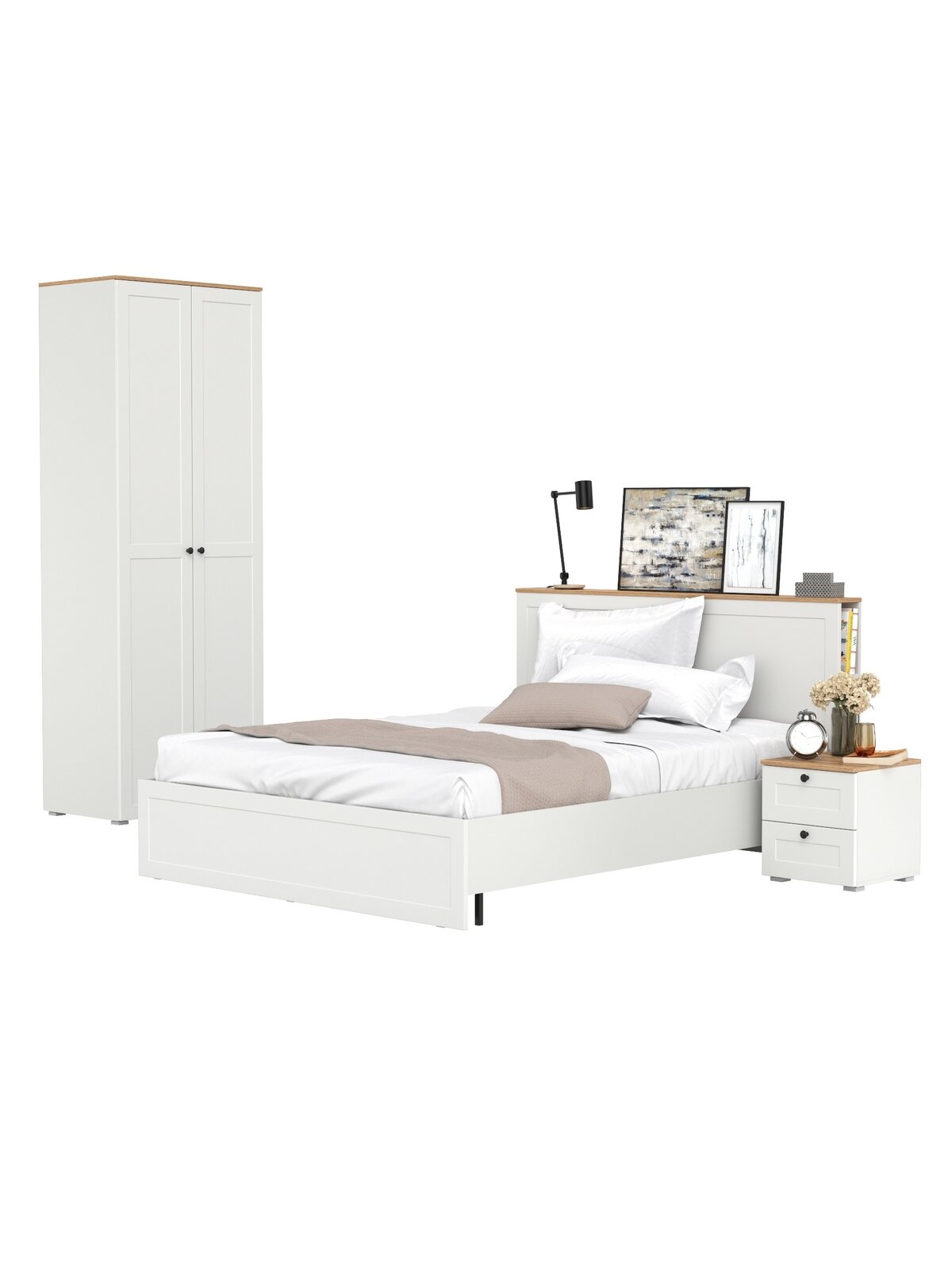 Двуспальная кровать Остин с основанием с платяным шкафом 13.224 и тумбой прикроватной, белый шагрень/дуб крафт