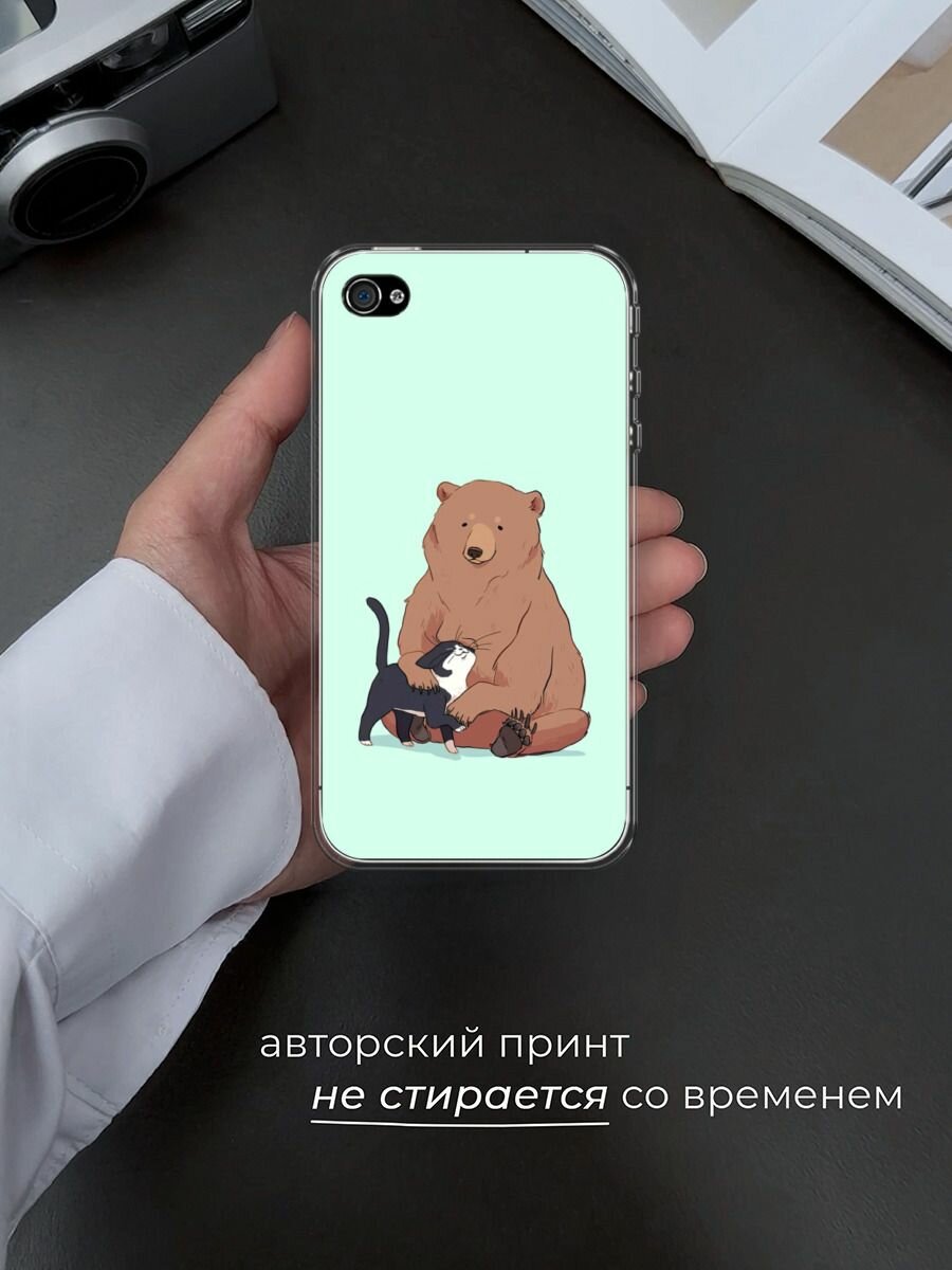 Чехол на Apple iPhone 4/4S / Айфон 4/4S с принтом "Медведь и кошка дружба" — фото 1