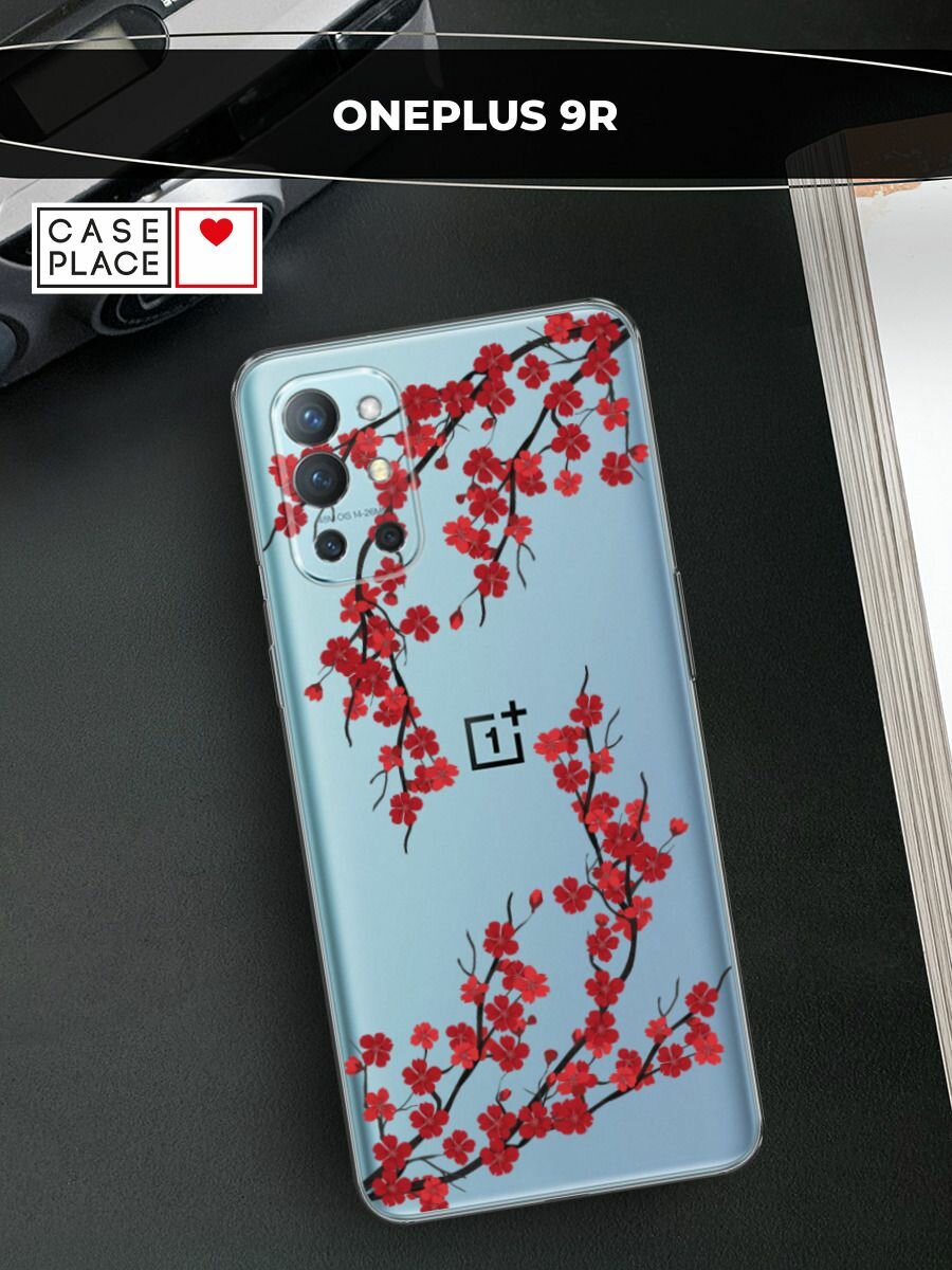 Чехол на OnePlus 9R / ВанПлас 9R с принтом "Красная сакура", прозрачный