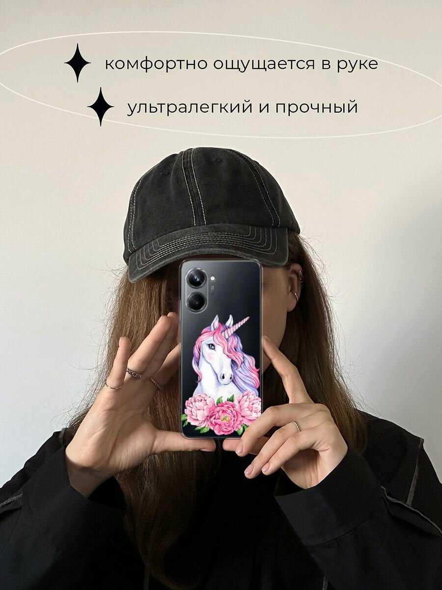 Чехол на Realme 10 Pro / Реалми 10 Про с принтом "Единорог с пионами", прозрачный — фото 1
