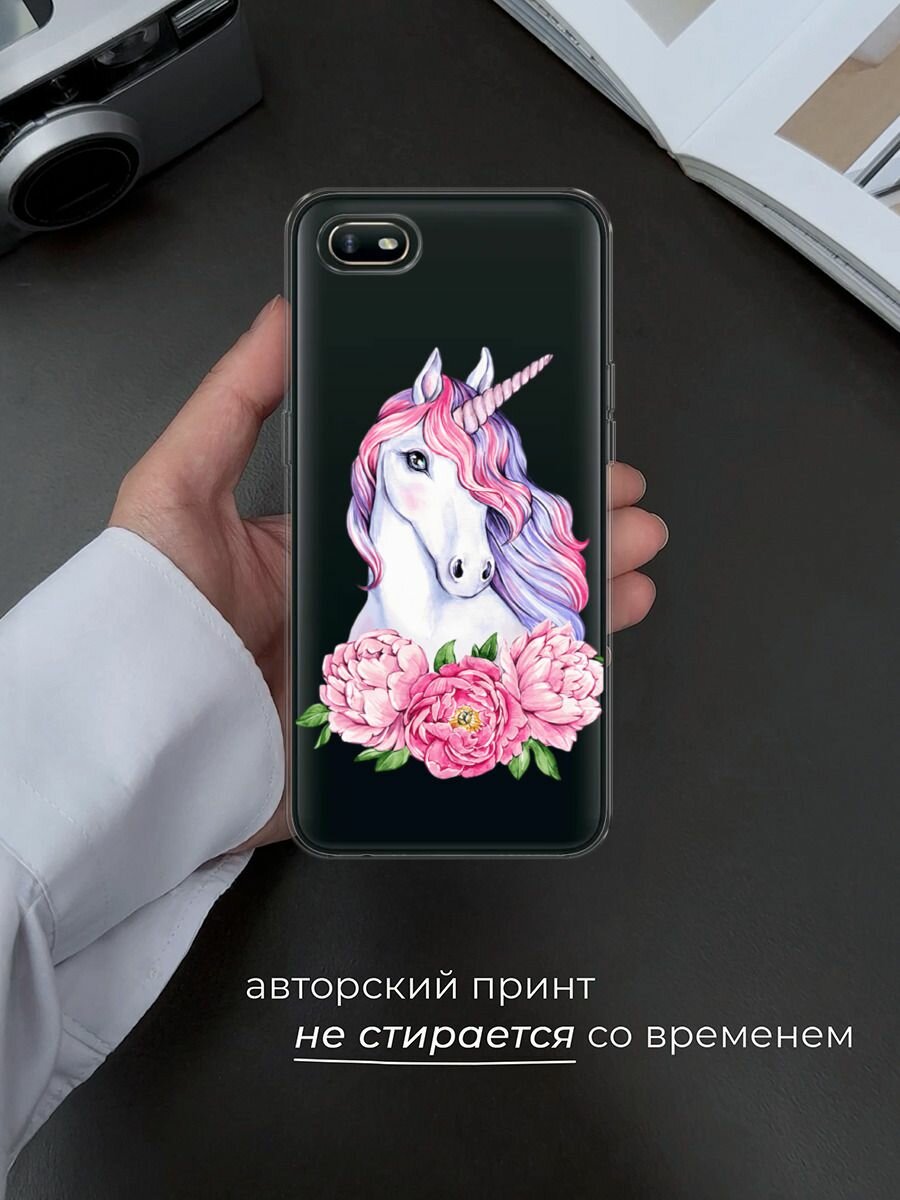 Чехол на Oppo A1k / Оппо А1к с принтом "Единорог с пионами", прозрачный — фото 1