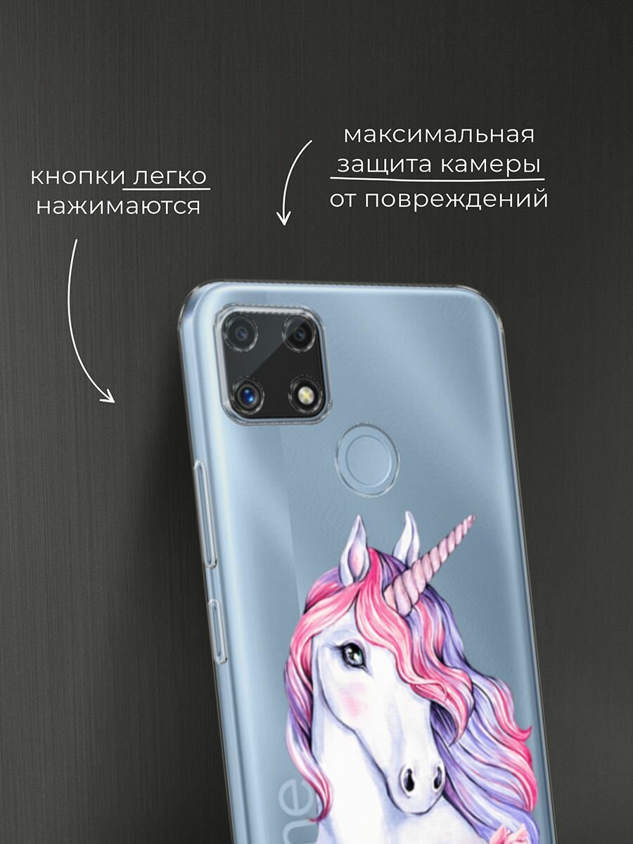 Чехол на Realme C25/C25s / Реалми С25/C25s с принтом "Единорог с пионами", прозрачный — фото 1