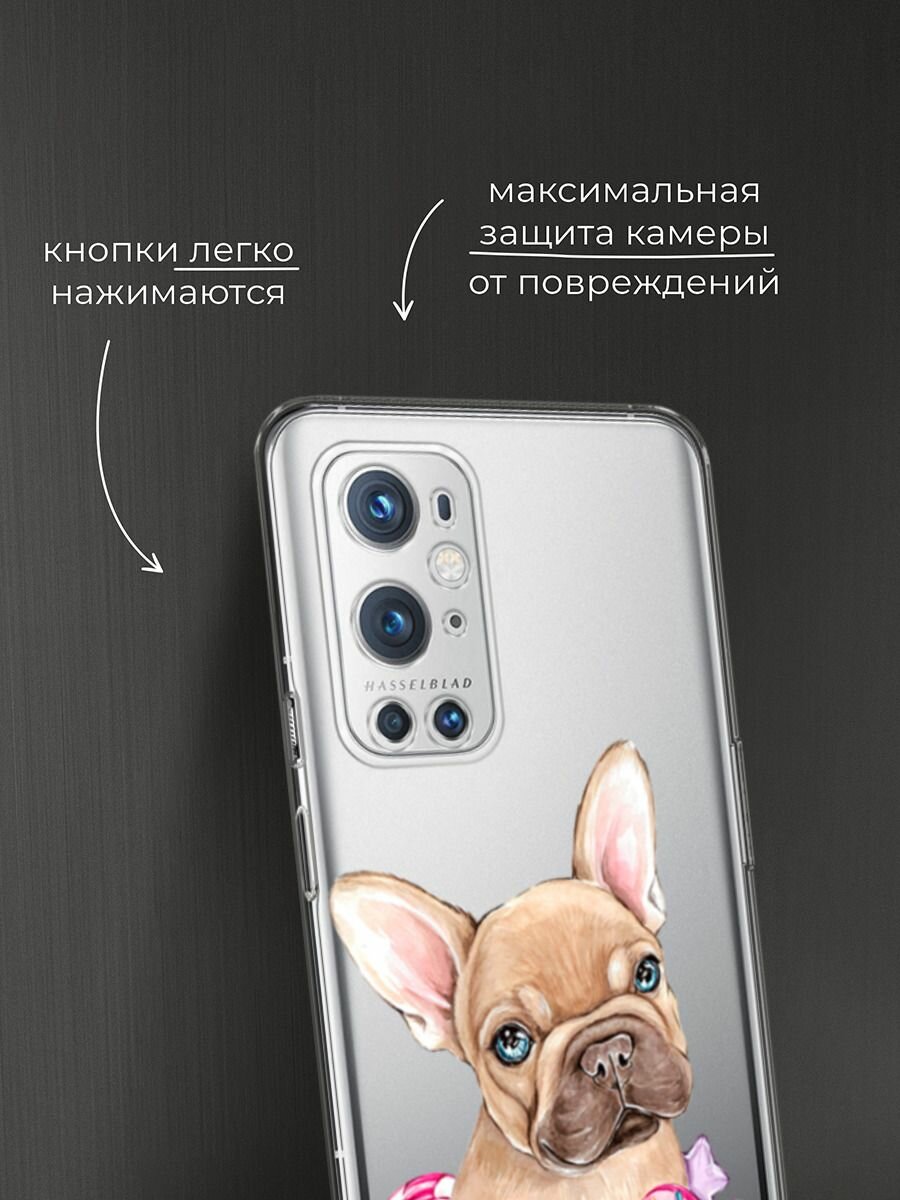Чехол на OnePlus 9 Pro / ВанПлас 9 Про с принтом "Бульдог и сладости", прозрачный — фото 1