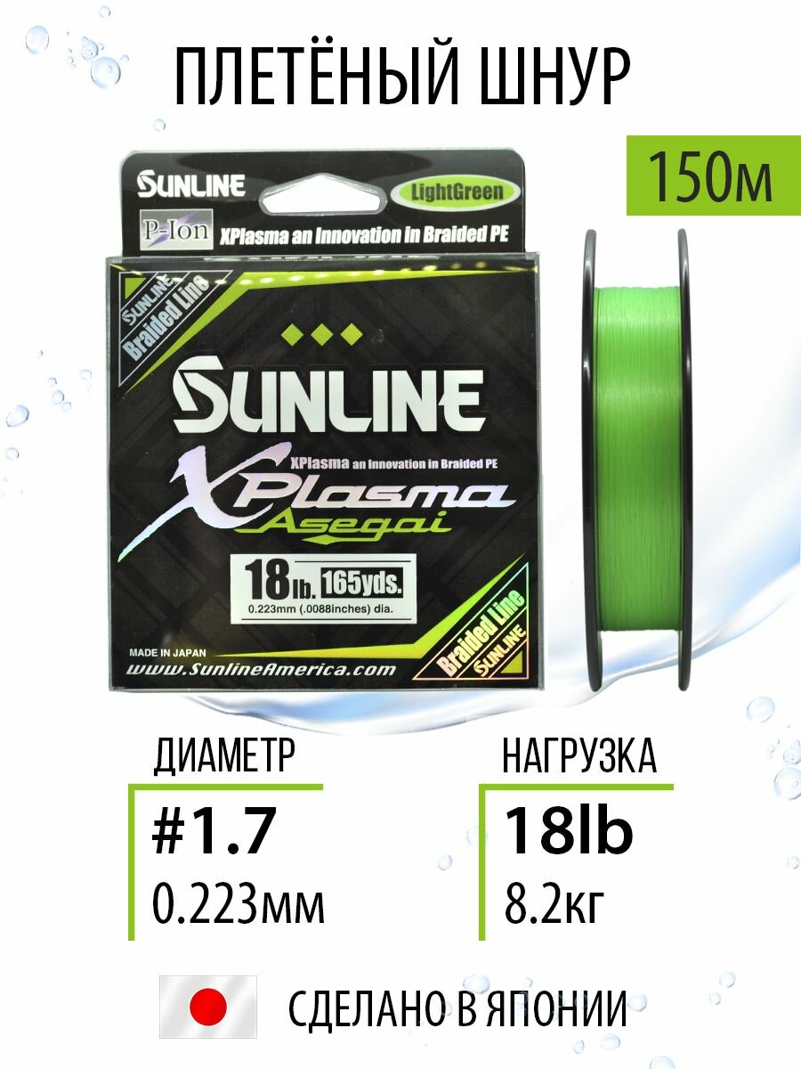 Плетёный шнур Sunline X-Plasma #1.7/18lb 150m Light Green, плетенка рыболовная