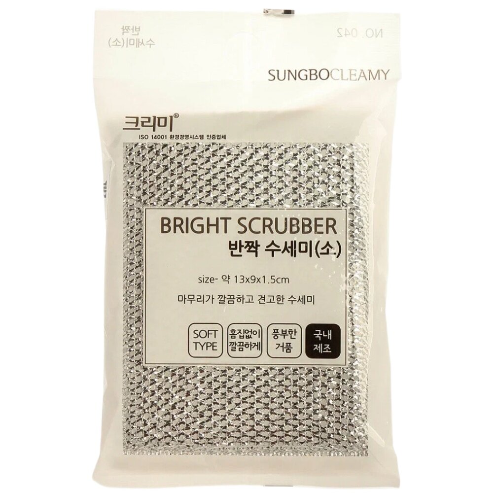 Губка Sung Bo Cleamy Bright Scrubber для мытья посуды, средней жёсткости, 13х9х1,5 см, 1 штука