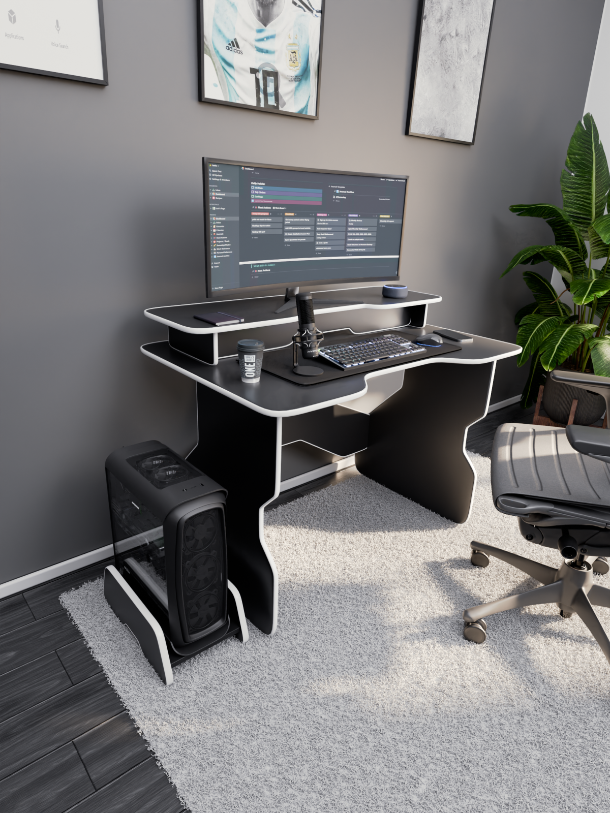 Игровой компьютерный стол для геймера черный с белой окантовкой с полкой под монитор106х73х75