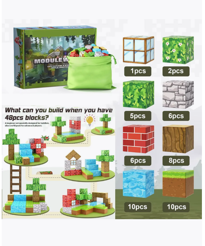 (48 шт) Набор блоков-кубиков Мой магнитный мир (майнкрафт магнитный конструктор)