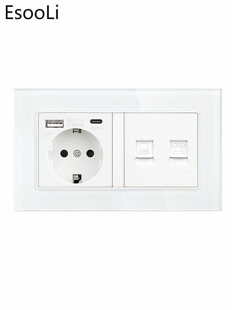 Розетка EU с портами USB и Type-C с телефонным портом RJ12 и интерфейсом компьютерного сетевого кабеля RJ45, белое закаленное стекло