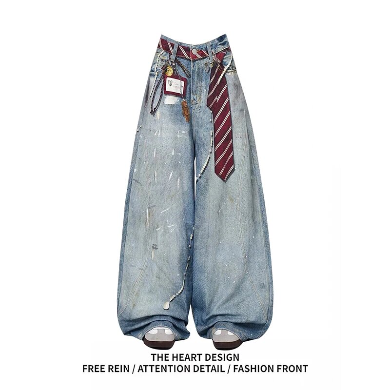Охоты Брюки JYL Женские джинсы Чистый цвет Синее винтажное свободное японское 2000-х эстетика с изгибом