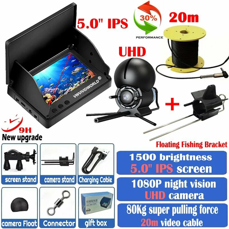 VWVIVIDWORLD Подводная камера для рыбалки с ночным видением 5.0 inch 20m 2 stand