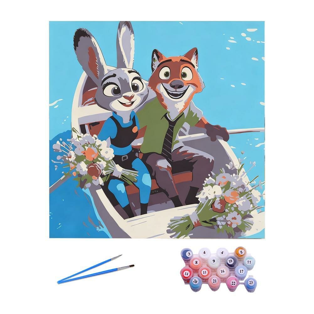 Картина по номерам на холсте с подрамником 20х20 Мультфильмы Зверополис Ник и Джуди