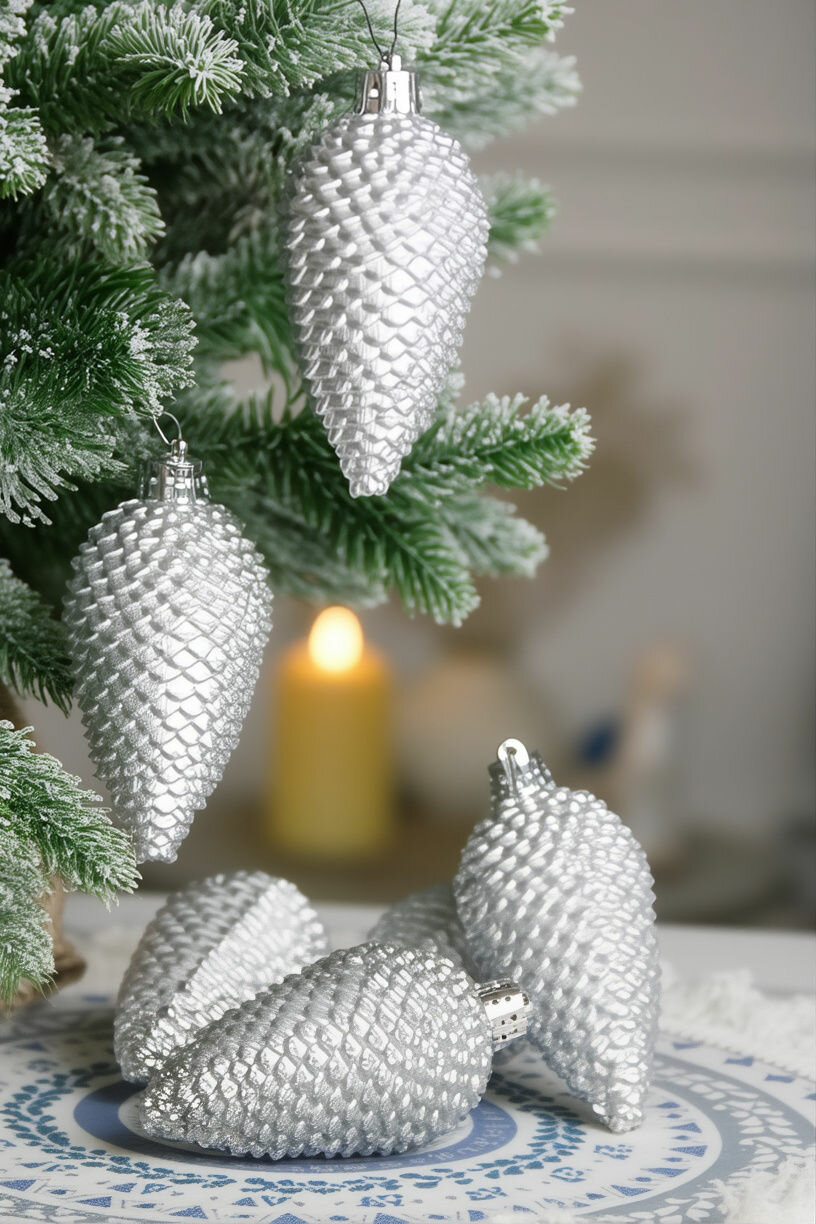 Набор шишки еловые серебряные, пластик, 8 см, 6 шт, Winter Deco 028571