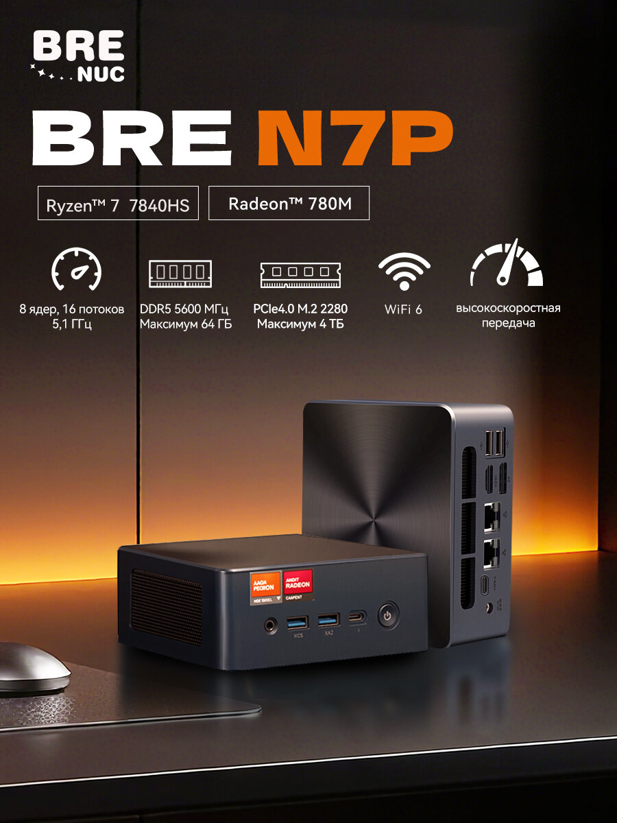 Мини ПК BRENUC N7P AMD Ryzen 7 7840HS, RAM 16 ГБ, SSD 1024 ГБ, AMD Radeon 780M Graphics, Win11 Pro), тёмно-синий