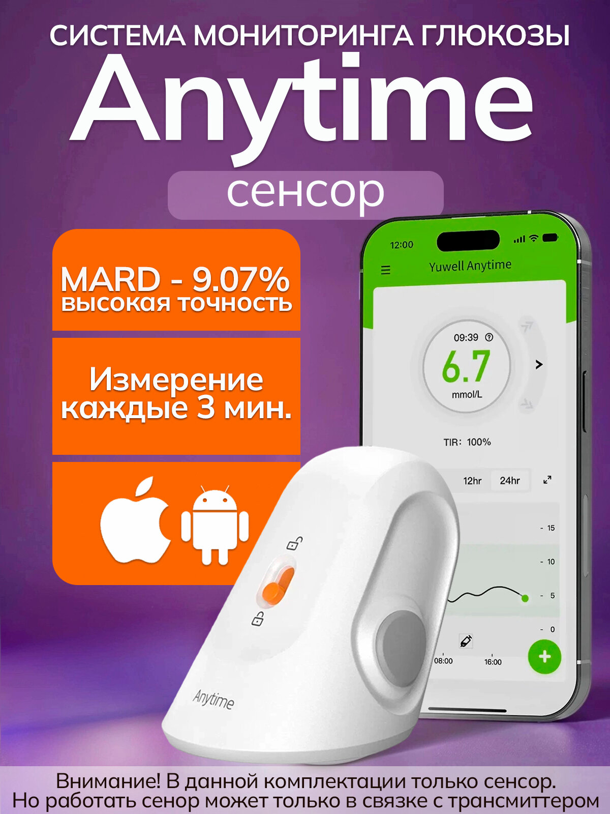 Сенсор для измерения глюкозы AnyTime (Энитайм) CGM, беспроводной, неинвазивный