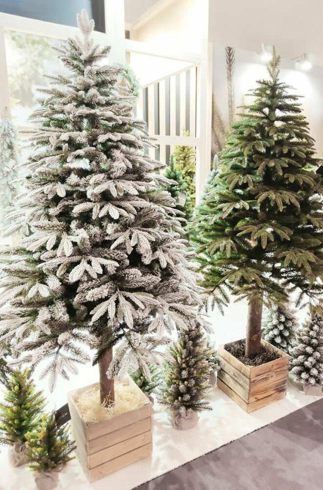 Искусственная ель в кашпо монтана с натуральным стволом, заснеженная, хвоя литая+ПВХ, 210 см, Decorland DC1063