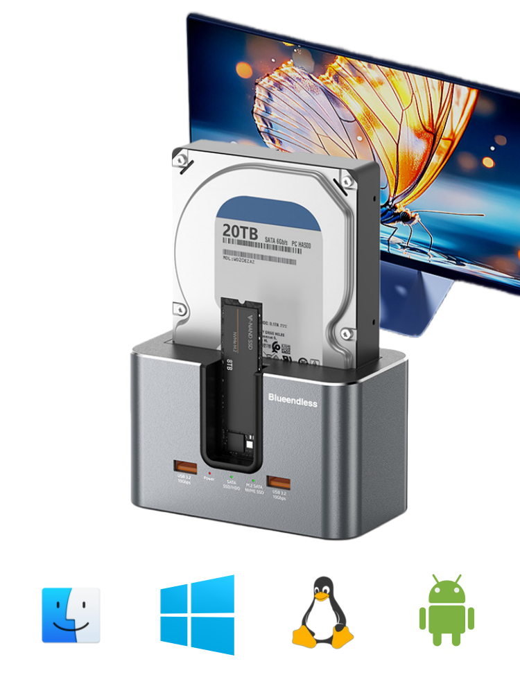 Док-станция для двух жёстких дисков, 10 Гбит/с, поддержка SATA и NVMe M.2, до 28 ТБ