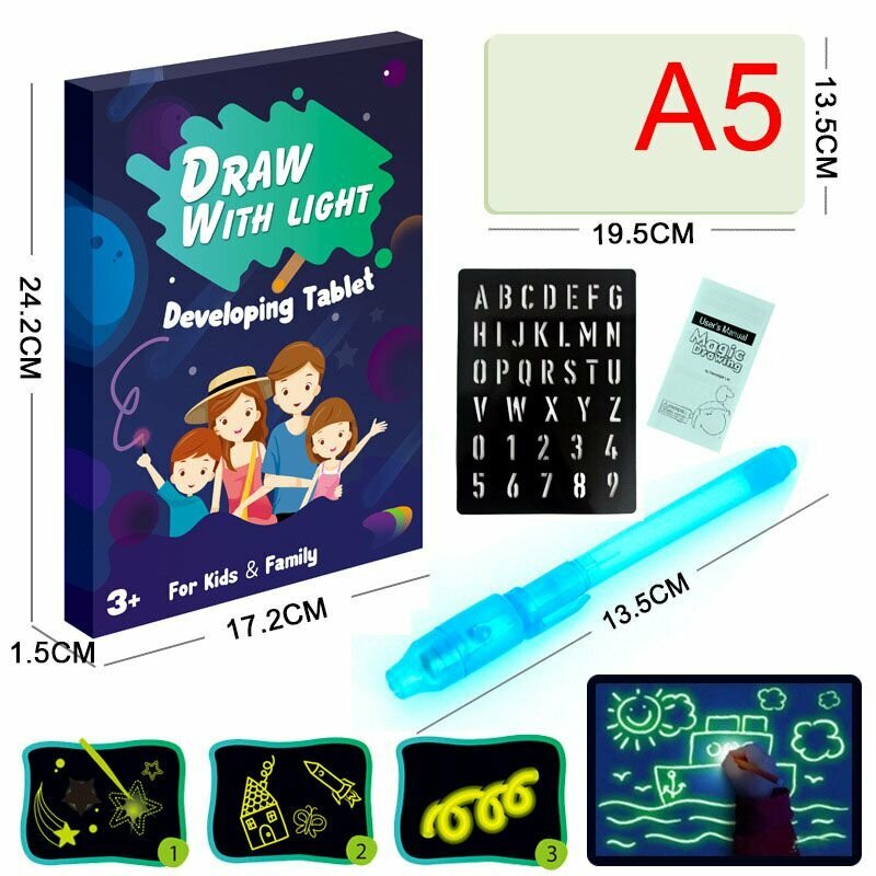 Доска для рисования creative magic a5/a4/a3 с люминесцентной ручкой для обучения, синий, a5, 24*17