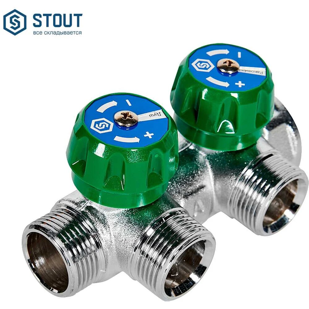 Регулирующий коллектор STOUT 3/4, 2 отвода 3/4ЕК SMB-6850-343402 RG008UJF3O1AHM, латунный распределительный элемент