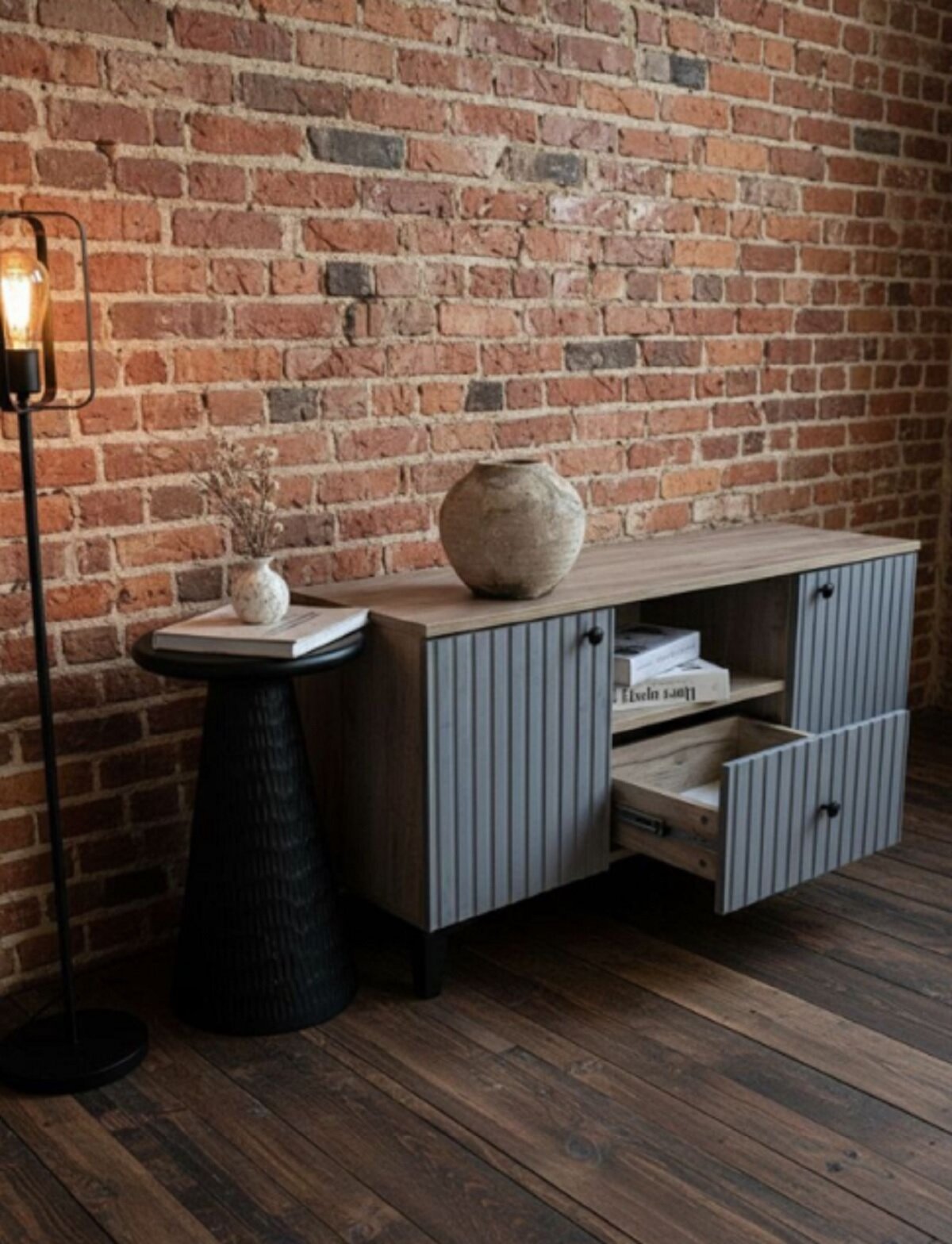 Комод тумба №2 узкий с ящиком (100х33х47 см), Дуб крафт серый/МДФ Грей софт, шариковые направляющие, петли с доводчиком