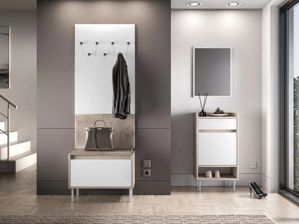 Прихожая Джени 04 Белый Снег 8685 BS Дуб Сонома Светлый 3025 PR NEW 119x34x198 см, GOODFORM