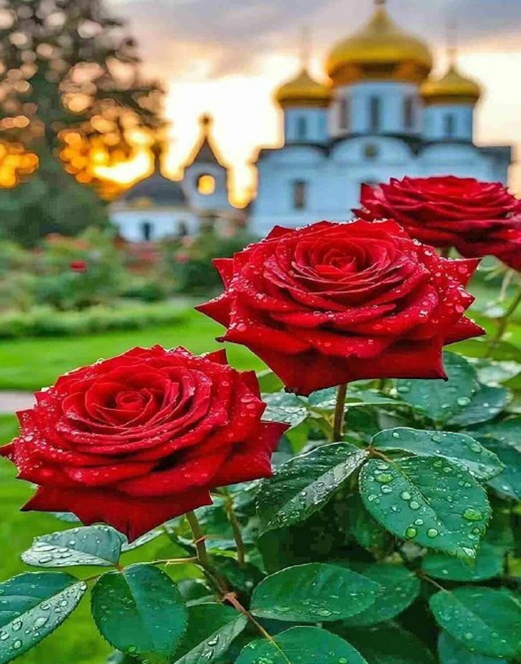 Алмазная мозаика на подрамнике 40*50 "Церковь и розы"