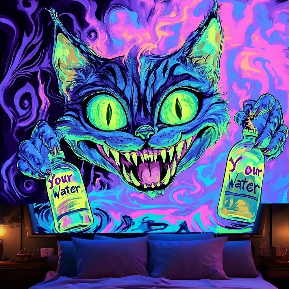 Крутой флуоресцентный гобелен Monster Cat, украшение для спальни, бесплатный пакет для установки