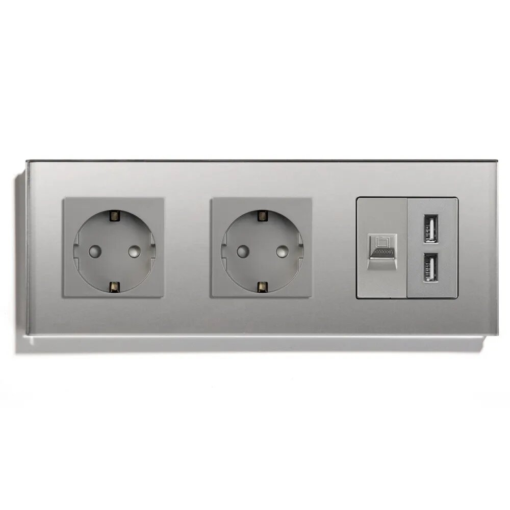 Розетка с комп RJ-45 / 2USB, интернет CAT5+2USB+2розетка, рамка стекло Серая