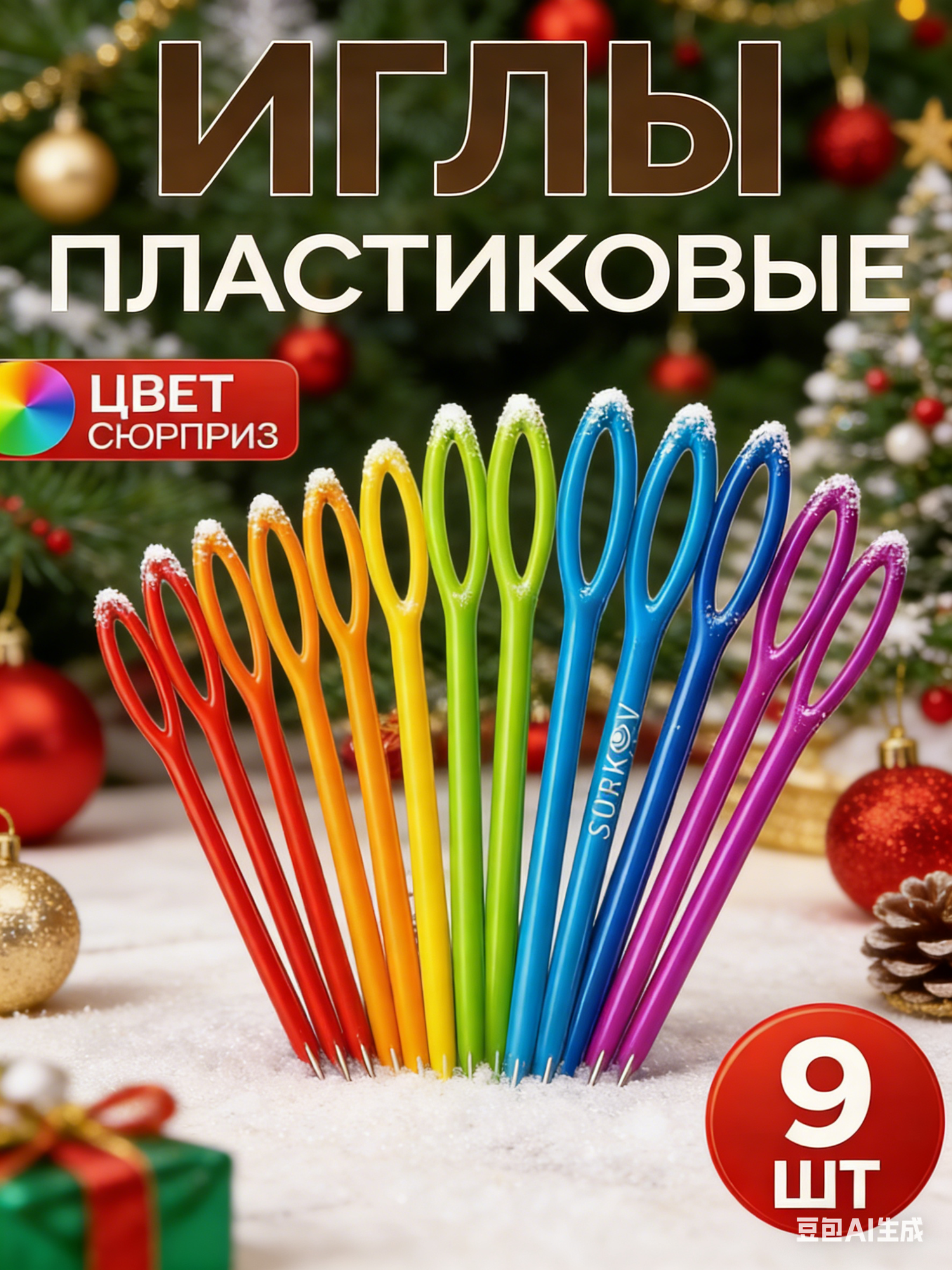 Иглы для вязания H441, для шерсти и пряжи, разноцветные, пластик, 9 шт