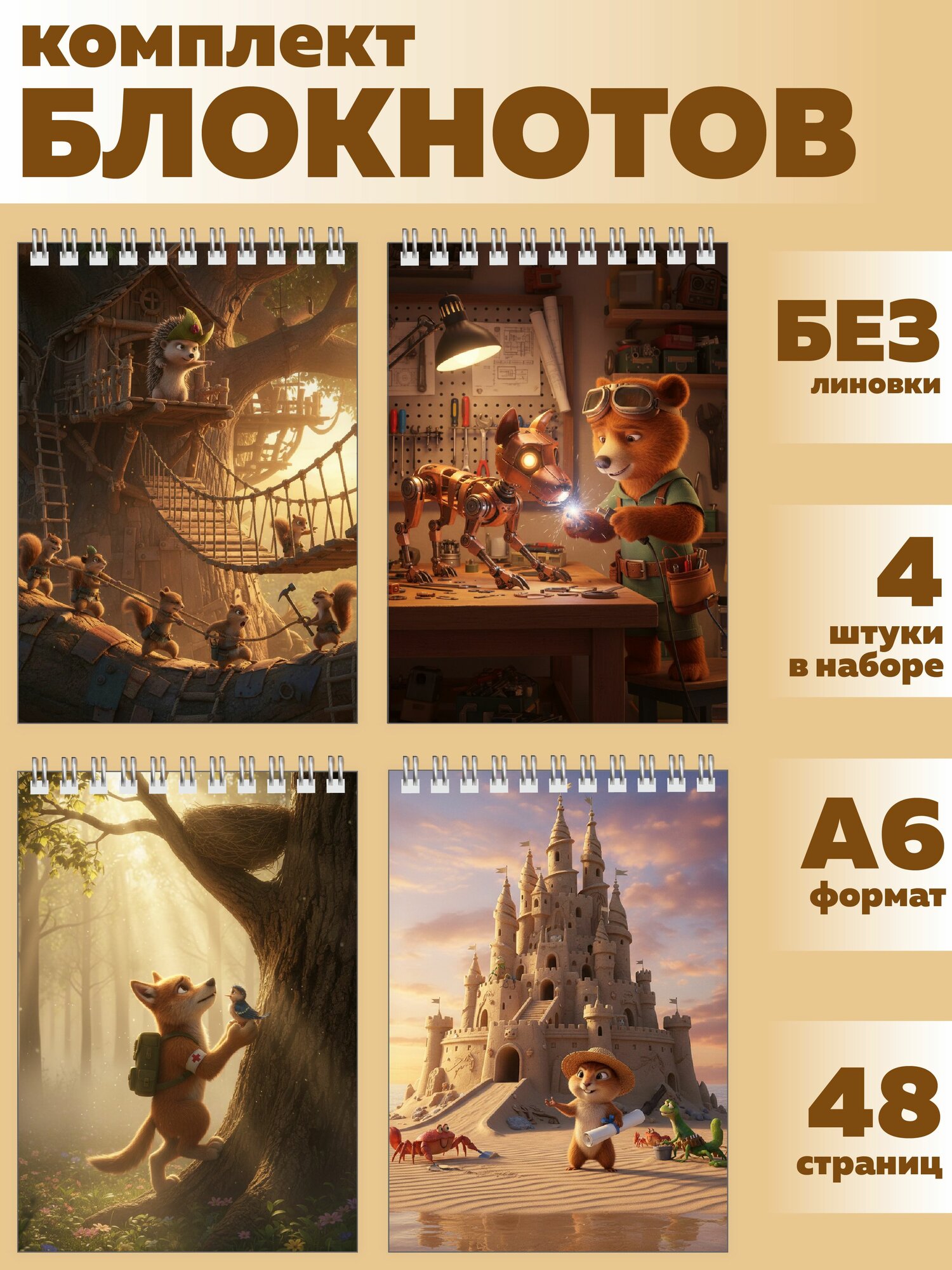 Комплект блокнотов А6 "Пушистые мальчики" на 23 февраля, 4 шт. (без линовки)