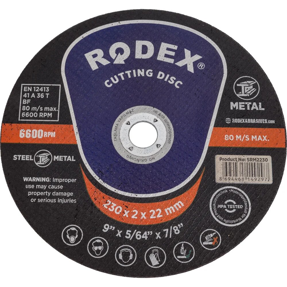 Отрезной круг по металлу RODEX 230x2х22 мм SRM2230 прямой отрезной диск с алюминиевым оксидным абразивом для металла