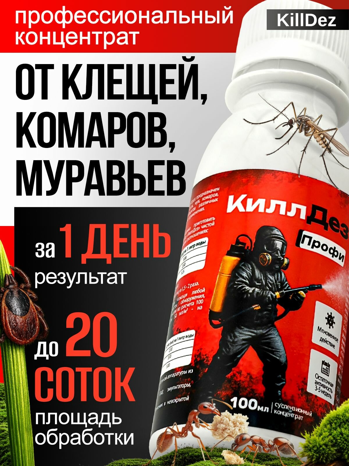 Средство от клещей и комаров на участке, средство от муравьев садовых Profi (КиллДез Профи). Профессиональный концентрат 100мл