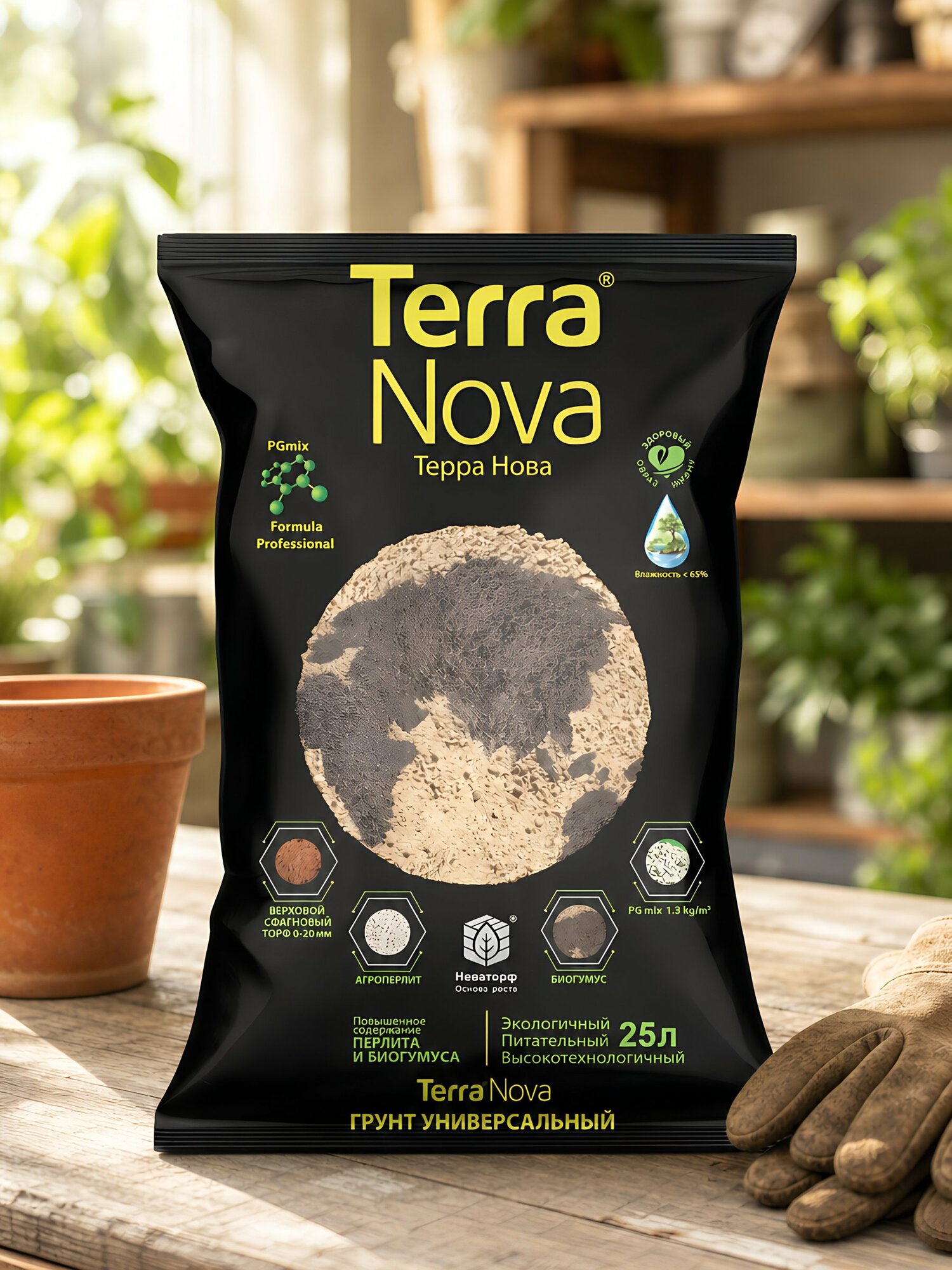 Грунт универсальный Terra Nova 25 л для посадки растений и повышения урожайности, питательный состав с биогумусом