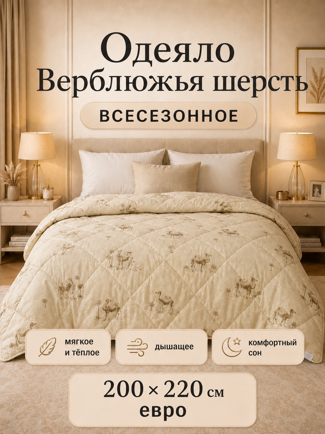 Одеяло Хлопковых снов "Верблюжья шерсть" всесезонное, размер 200 х 220