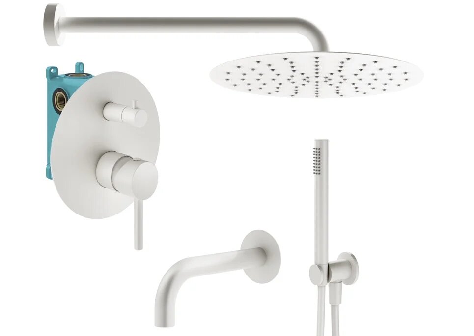 Душевой комплект Plumberia Selection Ixo KITXO19BO60 4 в 1, встраиваемый, с внутренней частью в комплекте, со смесителем, с изливом, с тропическим душем, латунный, белый, матовый, душевая система