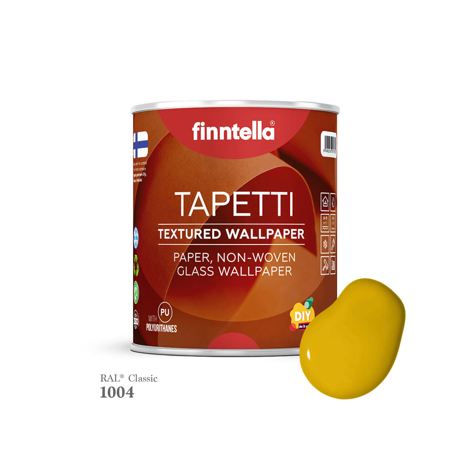 Шелковисто-матовая краска для обоев под окраску TAPETTI SILKKI Matta FINNTELLA, Цвет RAL 1004 Золотисто-желтый (Golden yellow), 0,9л
