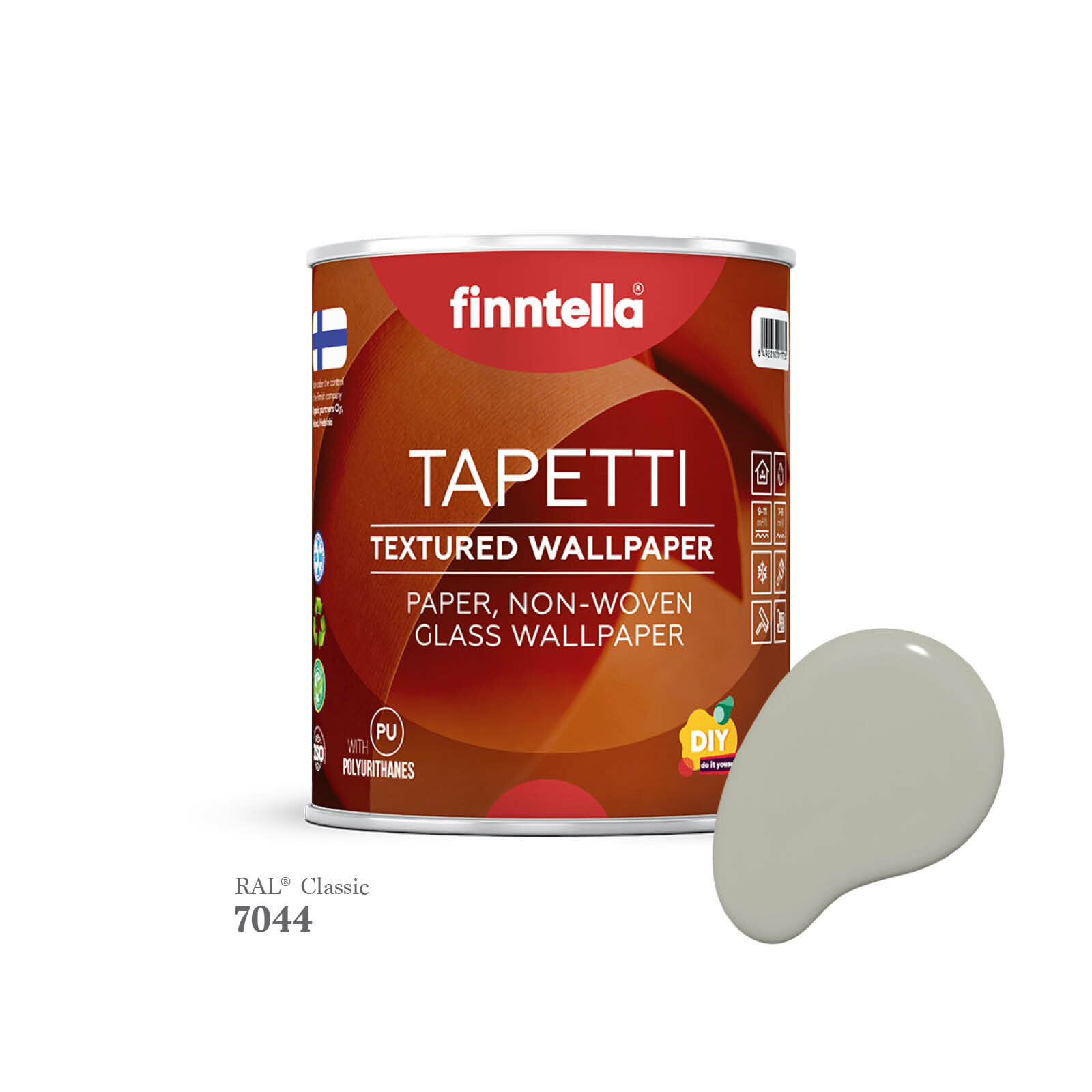 Шелковисто-матовая краска для обоев под окраску TAPETTI SILKKI Matta FINNTELLA, Цвет RAL 7044 Серый шелк (Silk grey), 0,9л