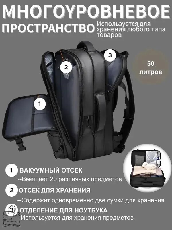 Большой городской рюкзак для женщин, вместимость 50 л, материал Оксфорд с водонепроницаемой защитой и многослойными отделениями для ноутбука — фото 1