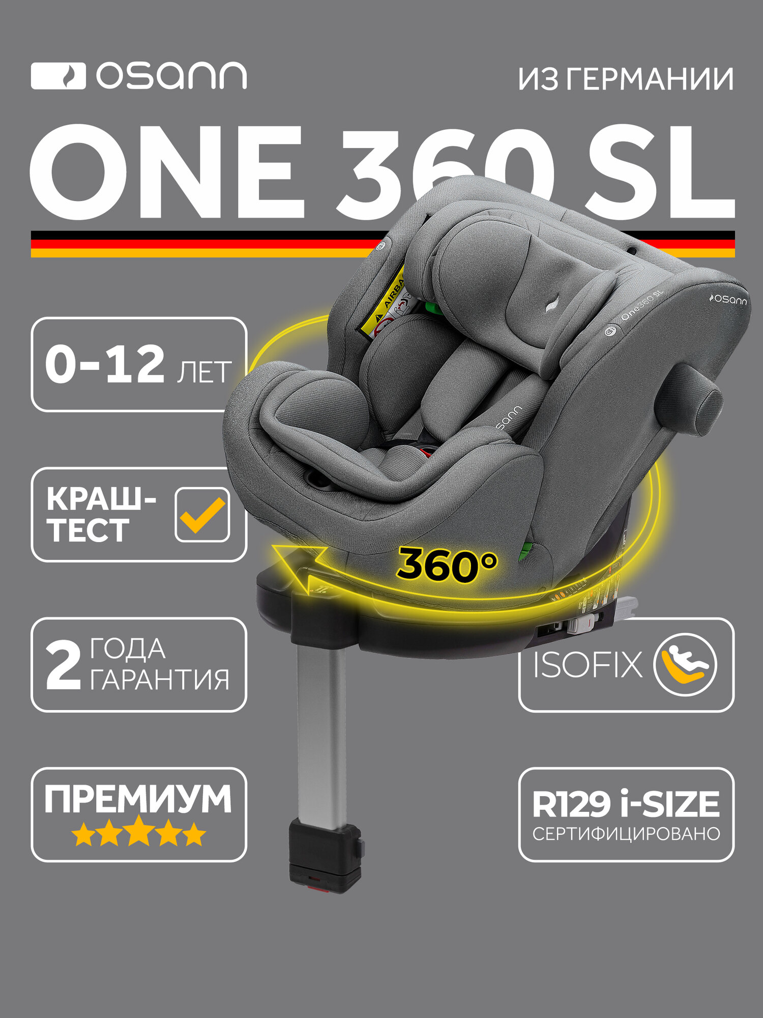 Детское автокресло Osann ONE360 SL Iron (серый) от 0 до 12лет