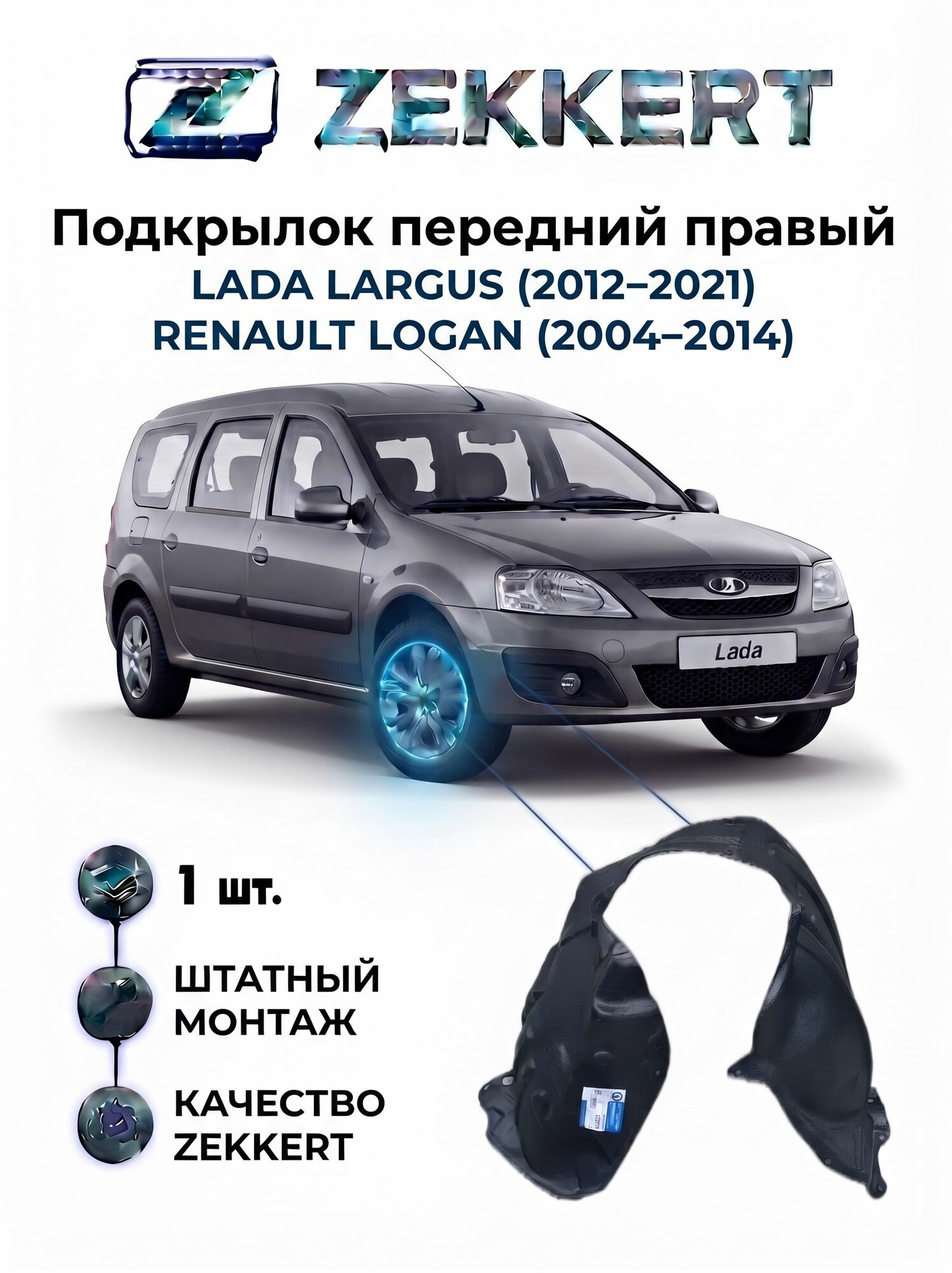 Подкрылок (локер) передний правый ZEKKERT для Lada Largus 2012-2021г и Renault Logan 2004-2014г