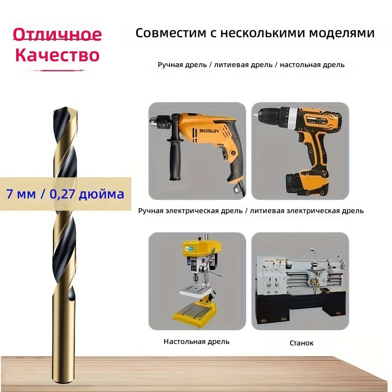 Сверло по металлу зигзагообразной формы из быстрорежущей стали для листового и твердого металла с прямым хвостовиком, 7 мм