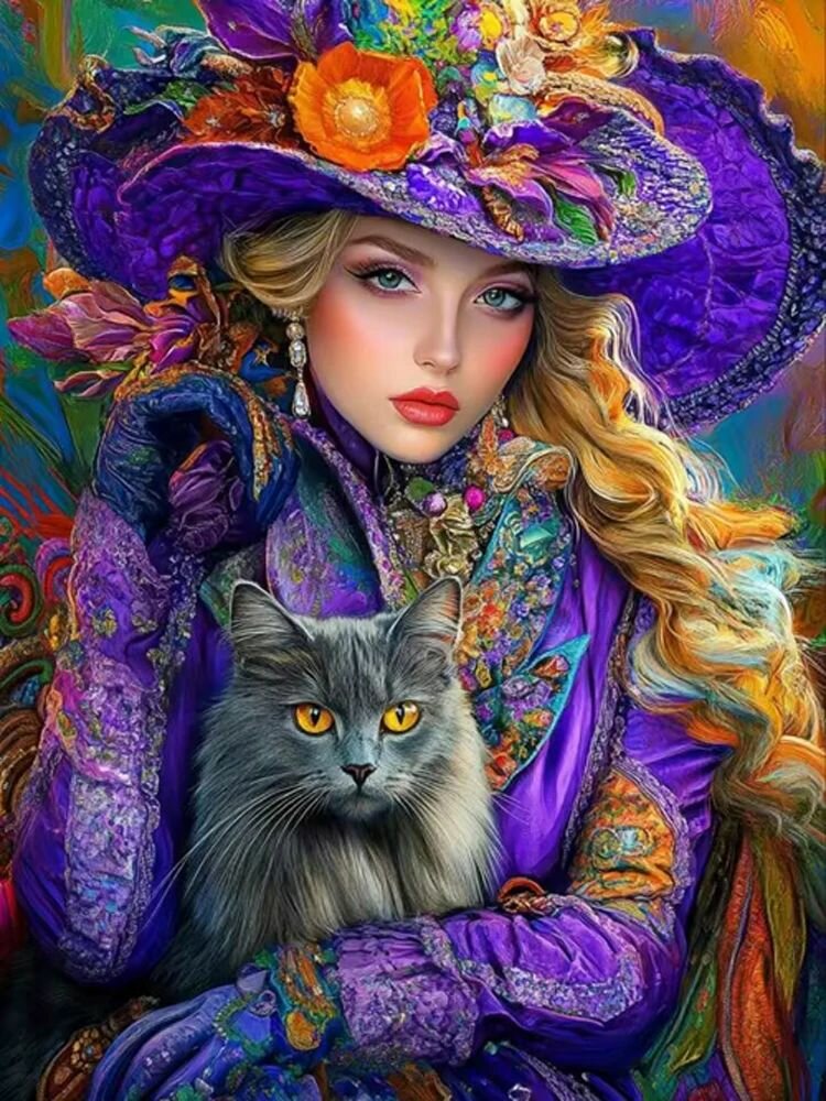 Алмазная картина "Красочная большая шляпа женщина кошка" алмазная огранка 40х50 см,40X50CM, белый