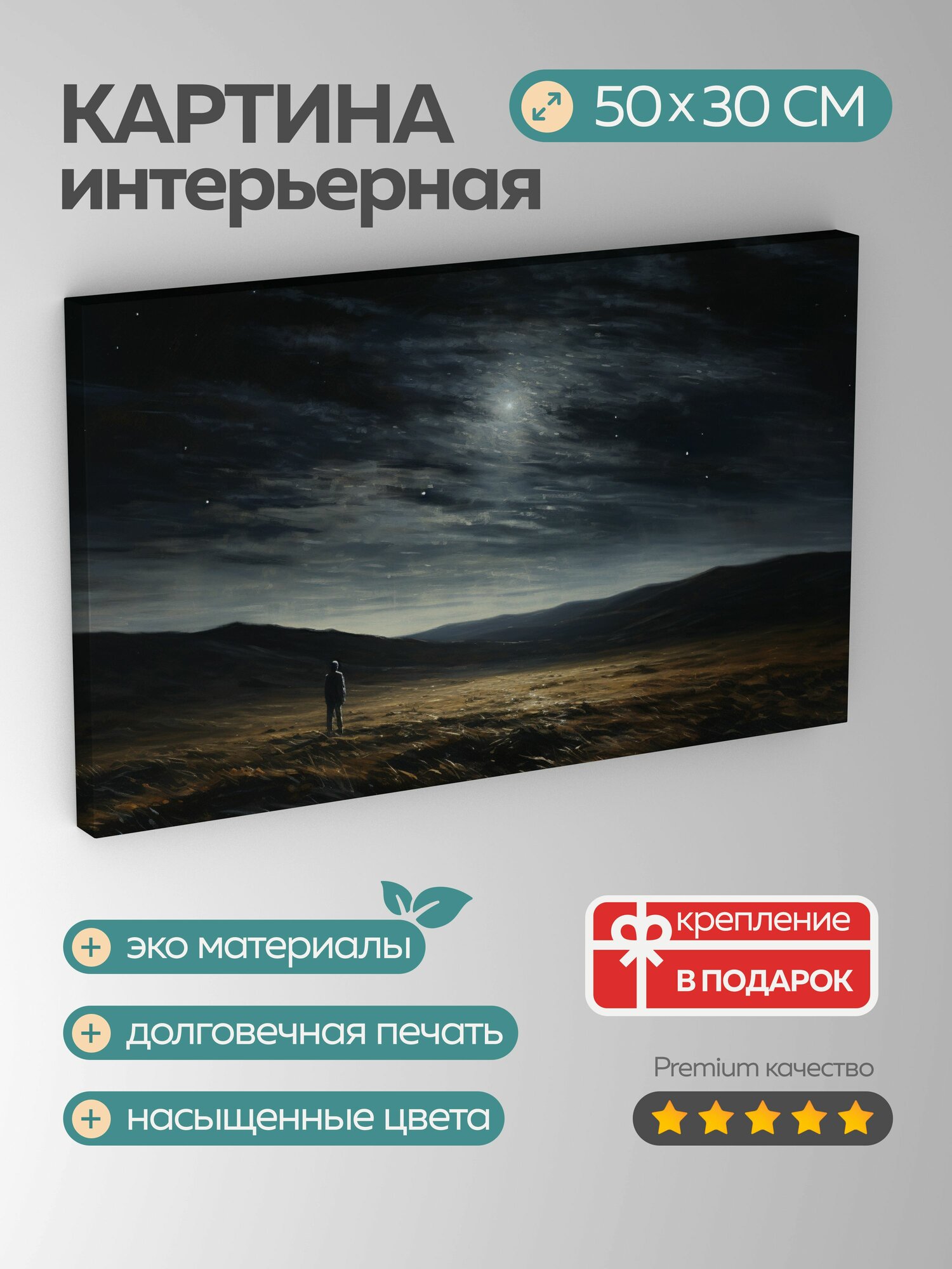 Картина на холсте интерьерная 50х30 см, картина маслом, одинокая фигура, пустынный пейзаж, небо со звездами, самоанализ